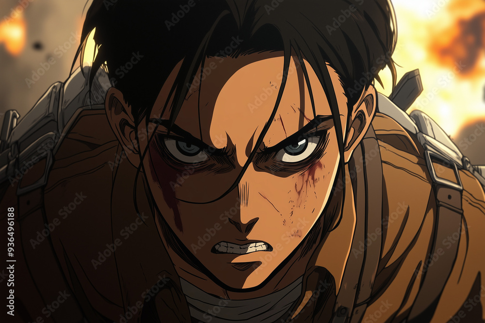 Battle-hardened anime character with dark hair and fierce eyes ...