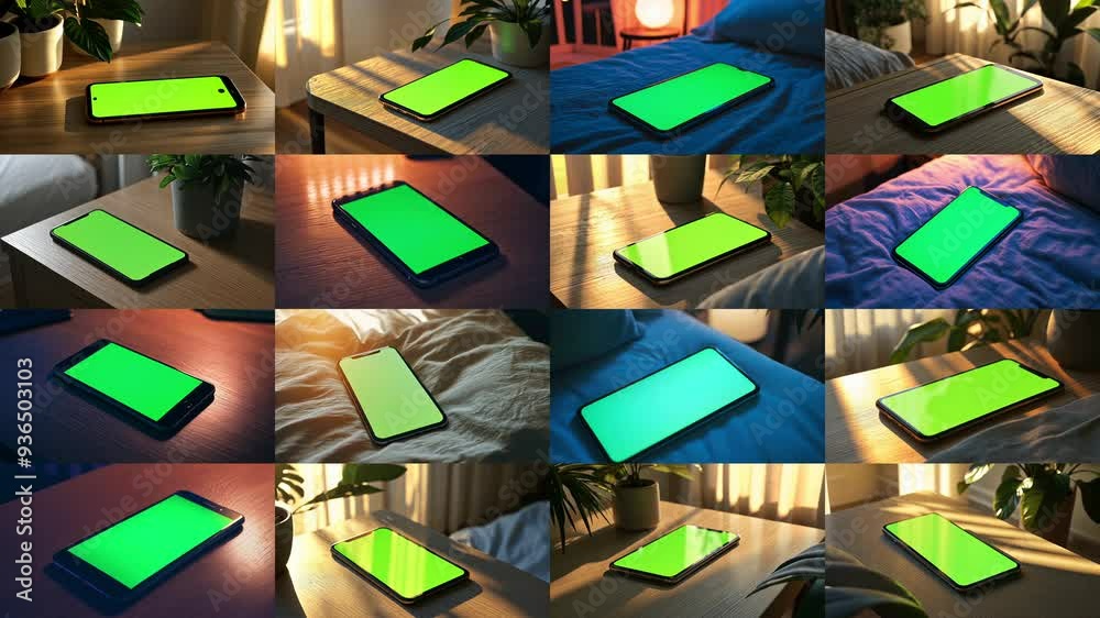 Collage: Tracking 16 smartphones lying face up in a bedroom. Smartphone ...