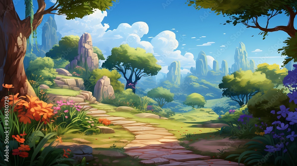 cartoon illustration of a path in a forest with flowers and trees Stock ...