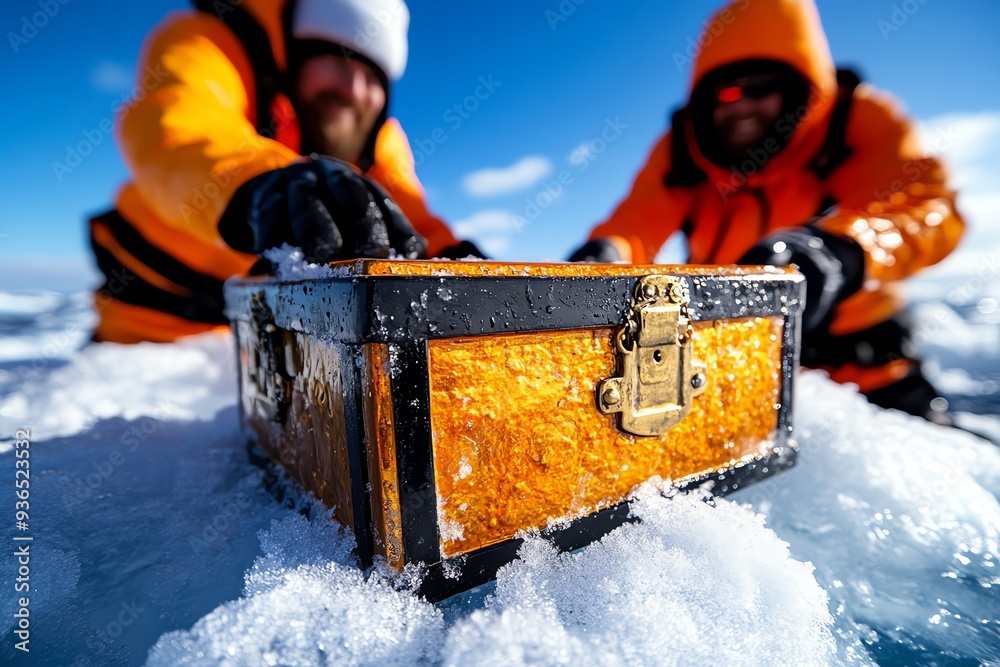 A treasure chest being discovered by a group of explorers in the Arctic ...