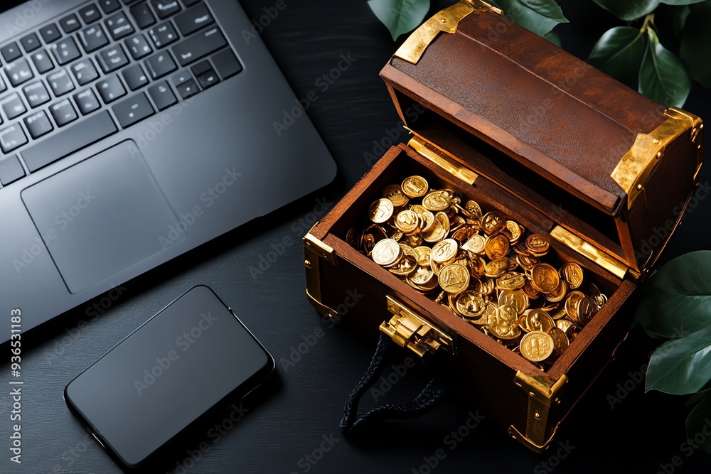 A treasure chest surrounded by modern technology like laptops, maps ...