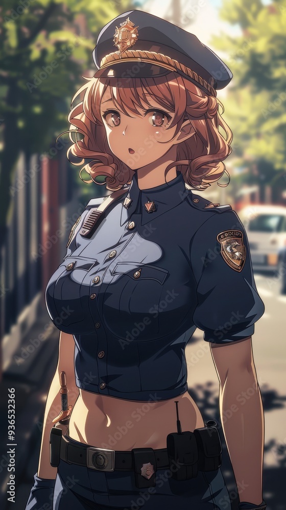 A striking anime policewoman stands confidently on a city street ...