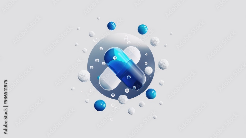 Stylized representation of a pill, surrounded by various spherical ...