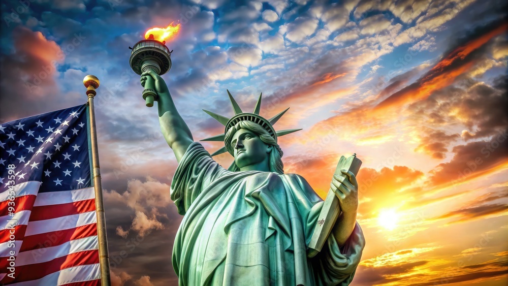 Iconic copper statue of freedom standing proudly on Liberty Island ...