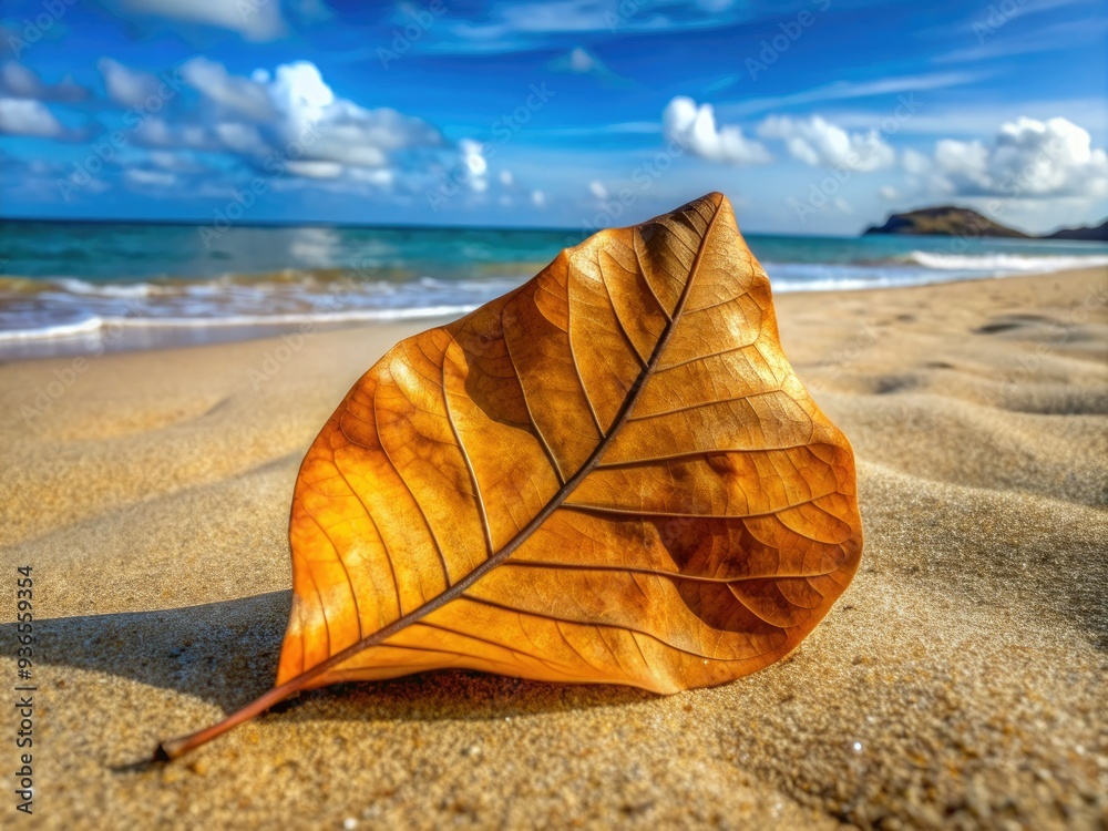 Isolated Terminalia catappa leaf, also known as tropical almond, lies ...