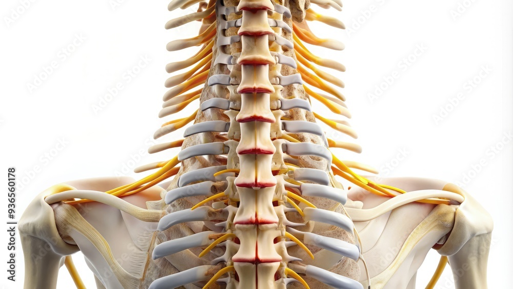 Isolated white background close-up of a healthy human spine anatomy ...