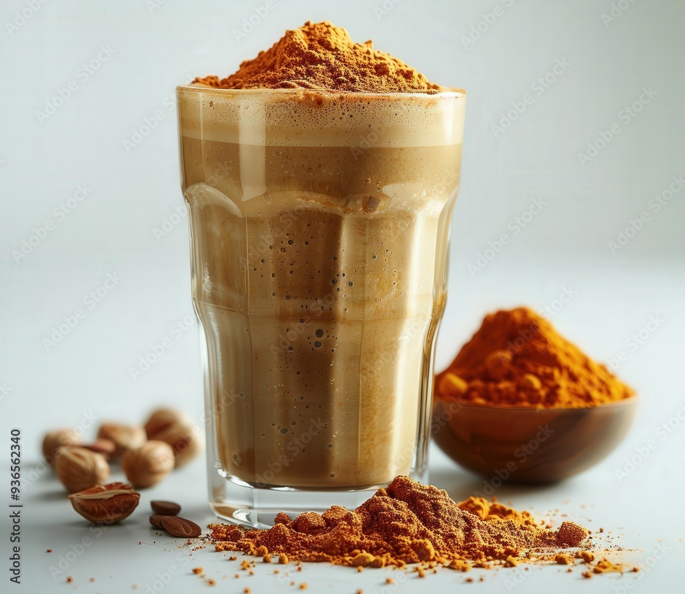 Healthy protein shake on a plain white backdrop, single serving ...