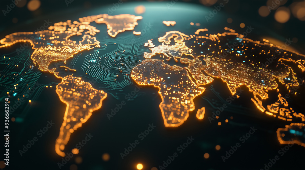 Global Network Map with Circuit Board Design, Digital Connection ...
