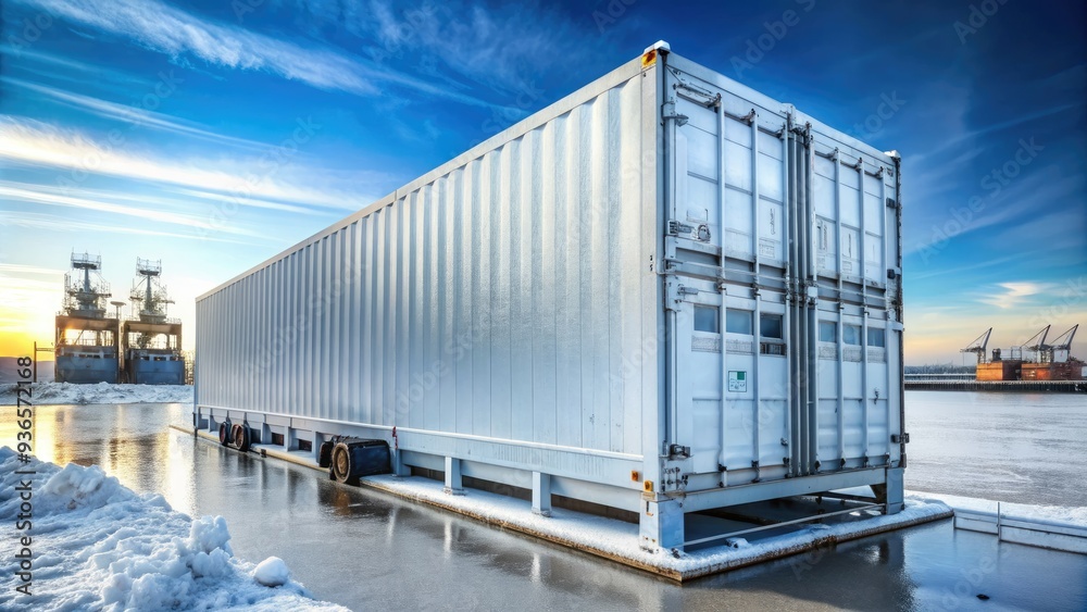 Large refrigerated shipping container, or reefer, sits on a dock, ready ...