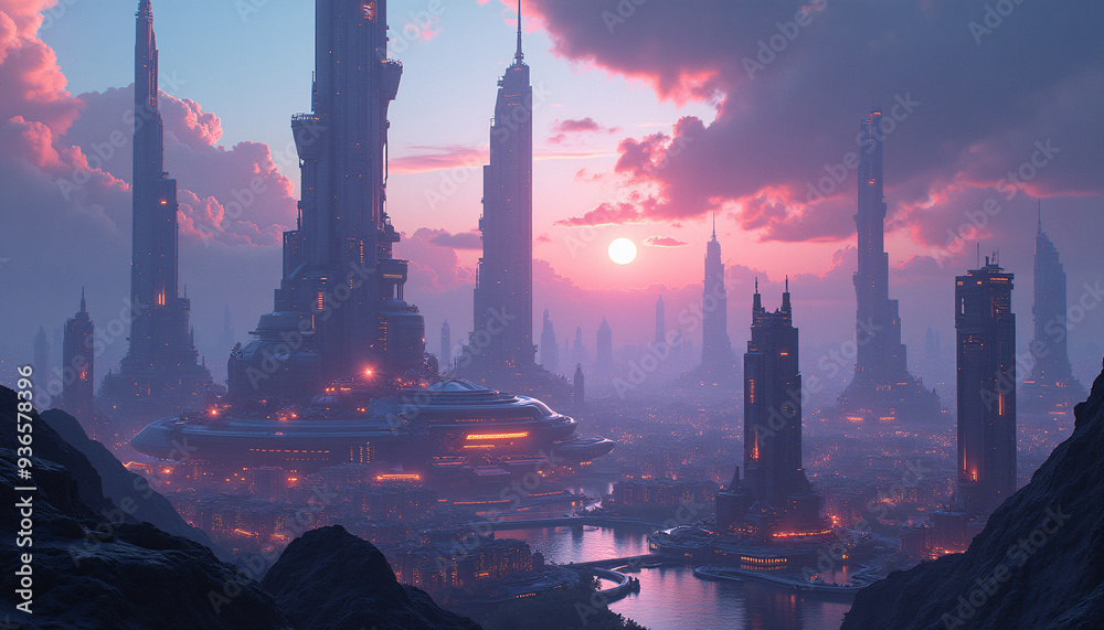 Alien metropolis on a far-off planet with advanced technology towering ...