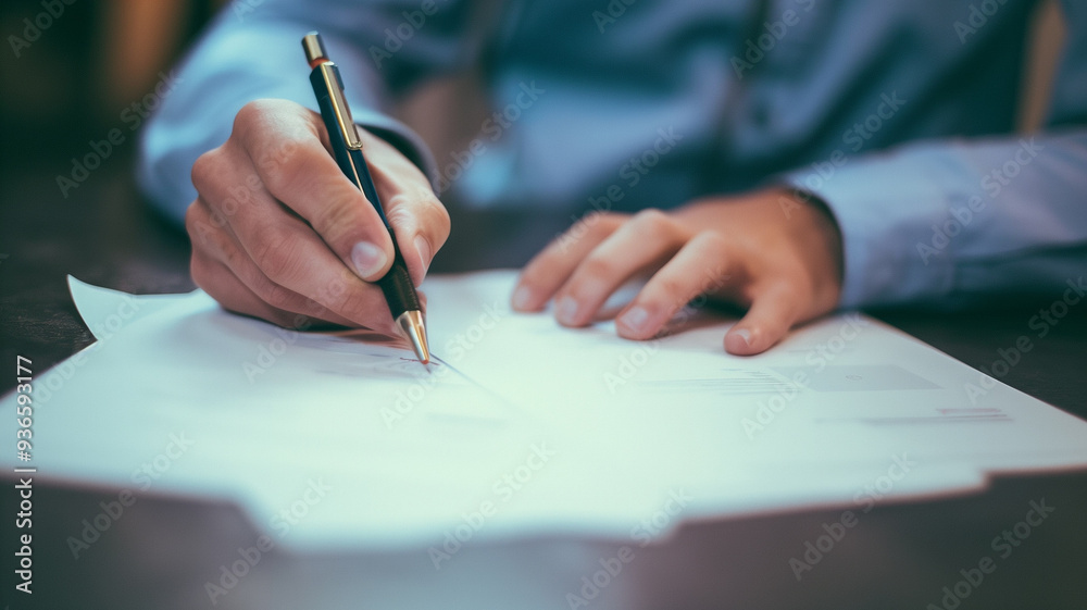 Person engaged in translation work at a desk, focusing on detailed ...