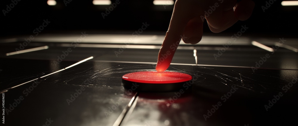 It depicts a hand poised over a glowing red button, implying ...