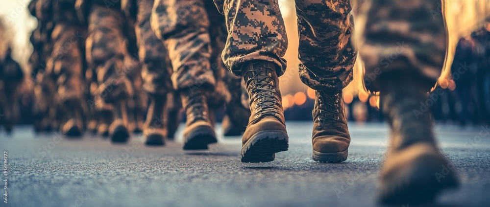 Marching soldiers in uniform, polished boots in synchronized step ...
