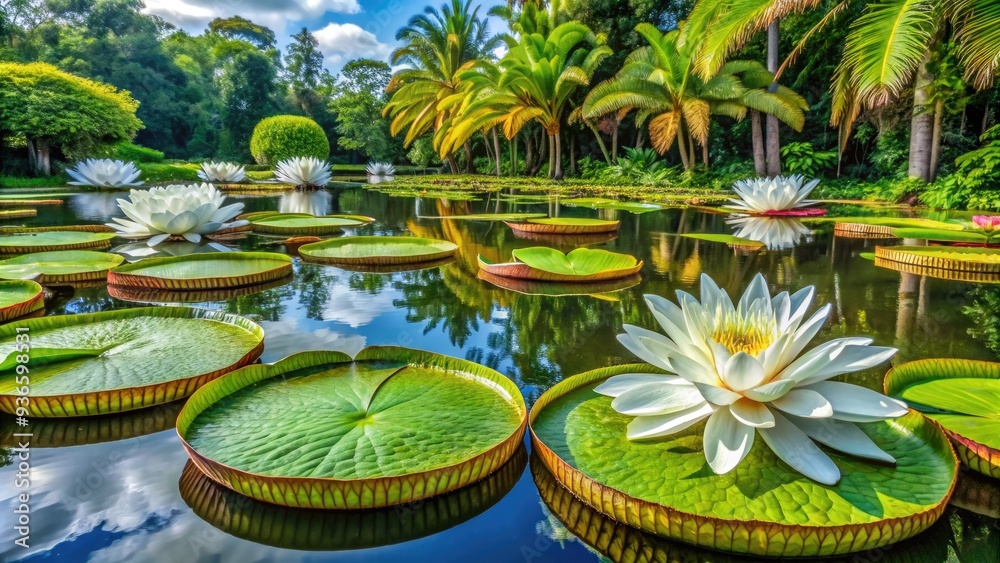 Majestic Victoria amazonica water lilies, with enormous leaves and ...
