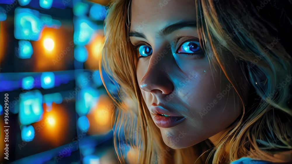 Close-up of a woman looking at a futuristic digital interface with ...