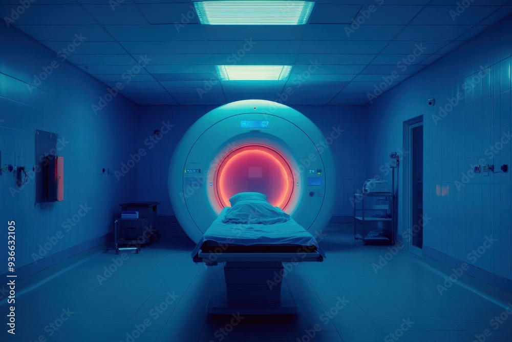 MRI machine in a dimly lit examination room with a patient table and ...