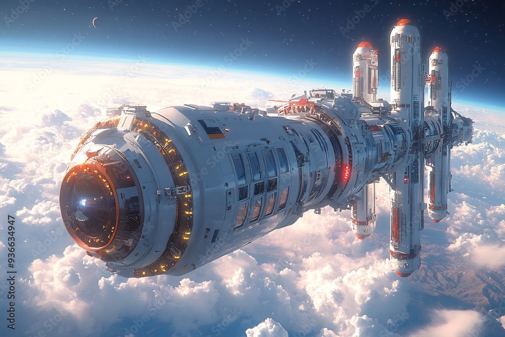 Space elevator connecting Earth newly built orbital station symbolizing humanitys readiness next ...
