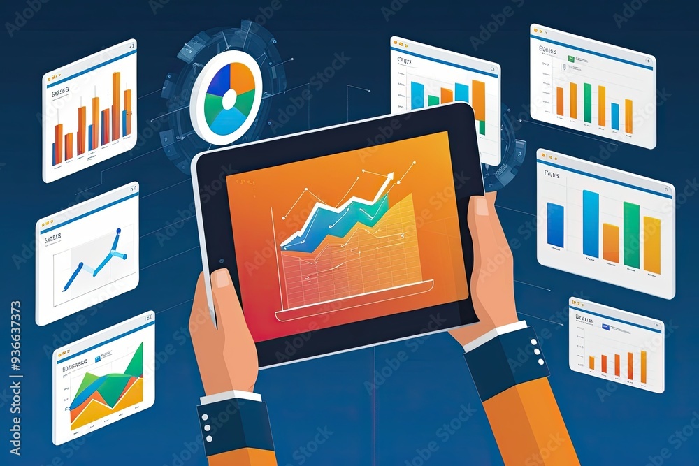 3D Model of a Tablet Surrounded by Animated Charts for Data Analysis in ...