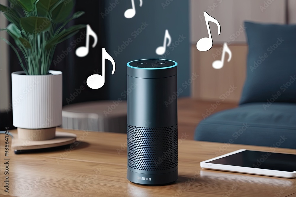 3D Visualization of Voice Assistant Device with Floating Music Notes ...