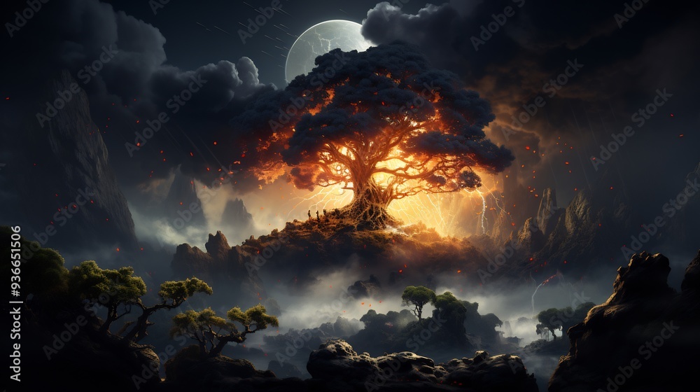 Vector depiction of tree deep roots anchoring against powerful storm ...