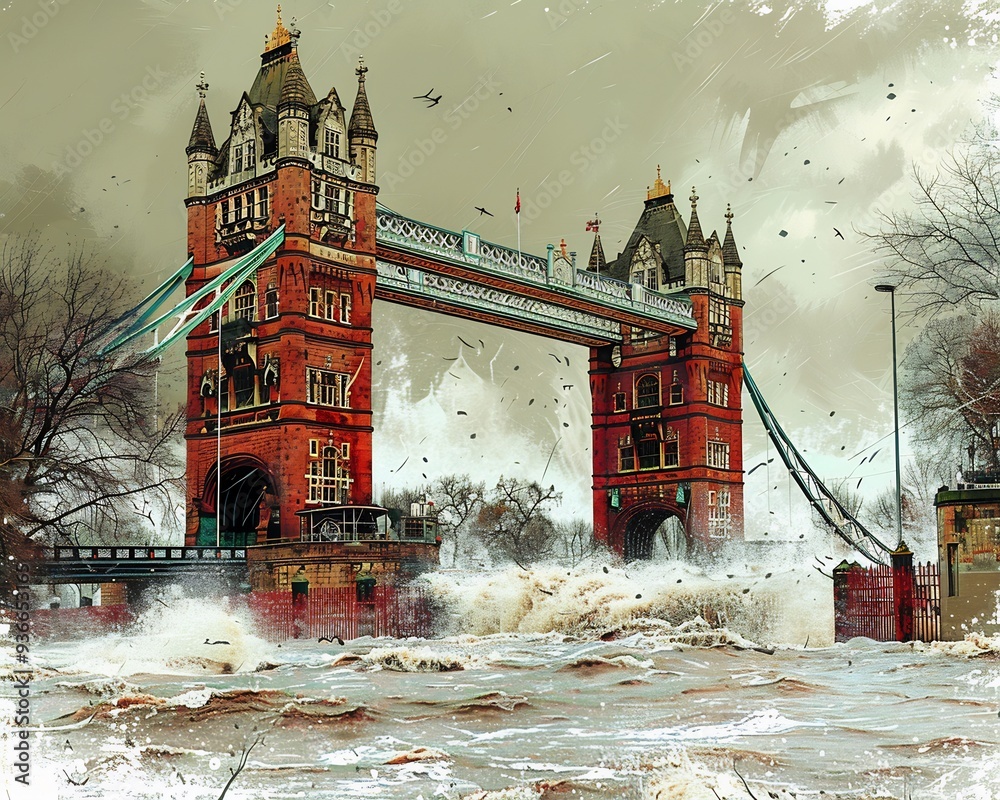 Vector illustration of bridge standing firm despite heavy flooding ...