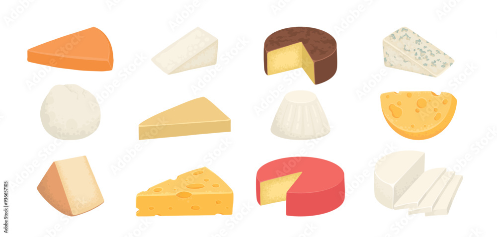 Cheese types. Cartoon cutted parmesan, brie triangle, mozzarella, gouda ...