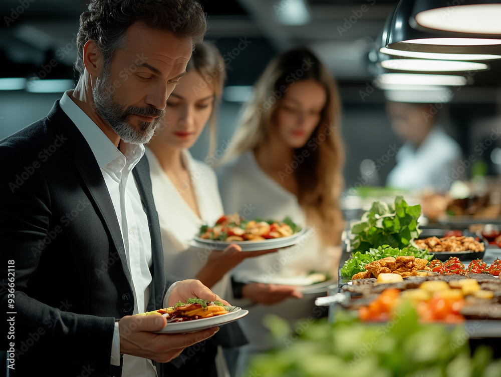 Group of people at an upscale buffet selecting dishes at a gourmet food ...