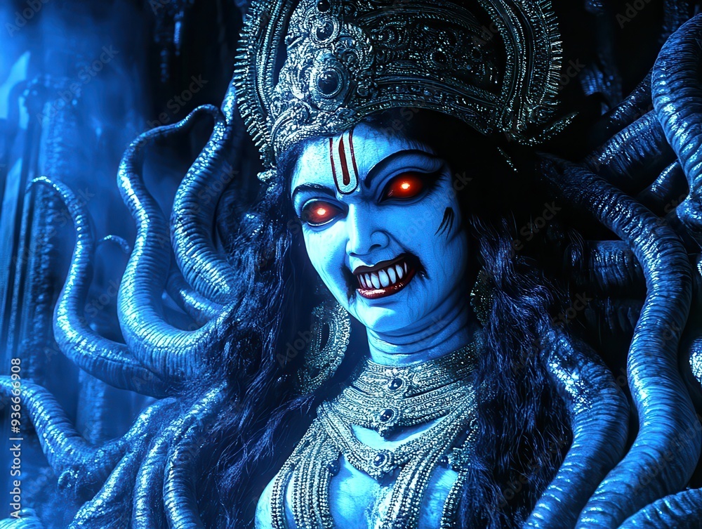 Vivid depiction of Hindu Goddess Kali in her fierce form, adorned with ...