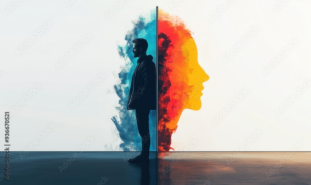 A man stands between two faces, one of which is red and the other blue ...