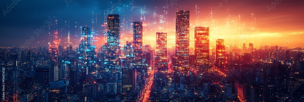 Abstract depiction of city skyline grows upward outward each building ...