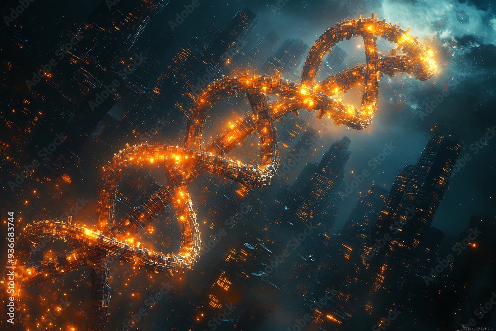 Abstract illustration of DNA helix transforming into series of ...