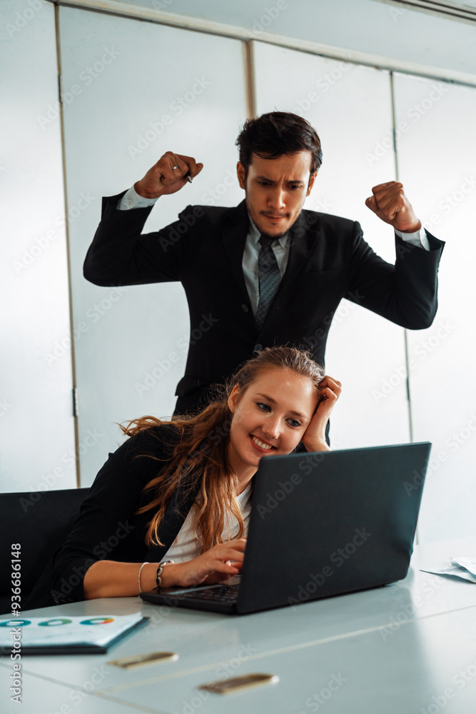 Businessman boss feels angry and mad at bad misbehaving businesswoman ...