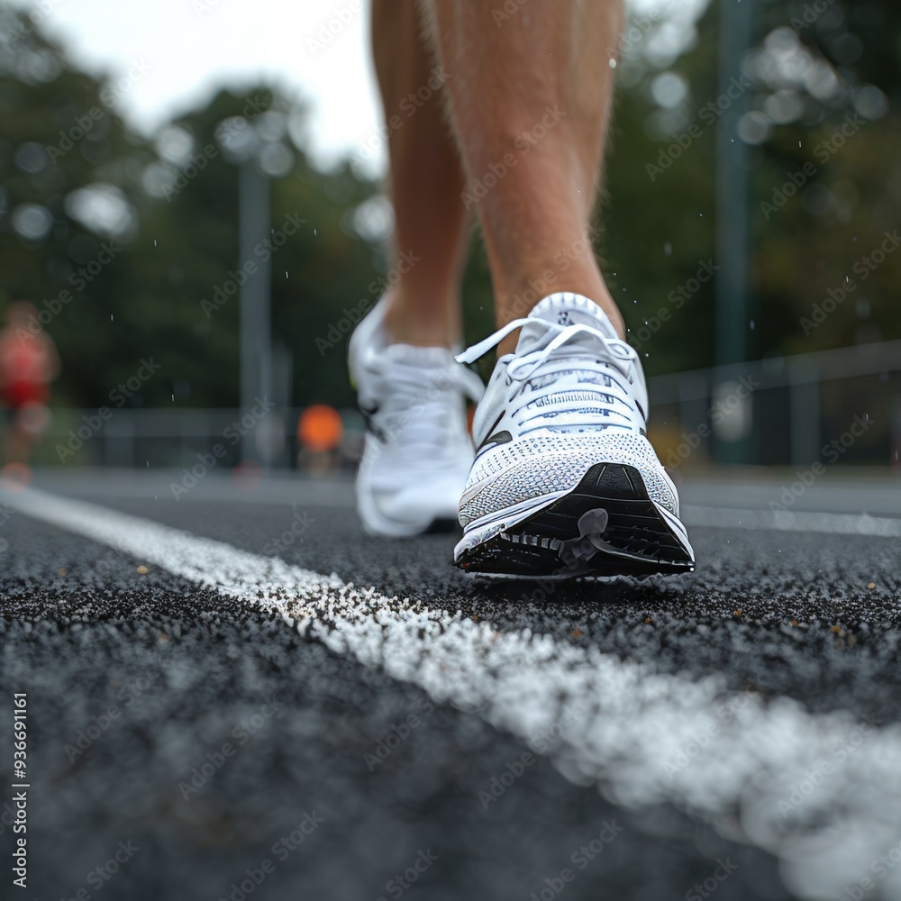Runner in white sneakers, standing with feet apart on black asphalt ...
