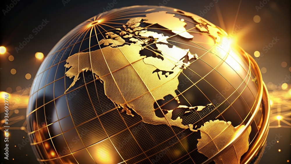 Shiny gold globe with intricate vector details and precise latitude and ...