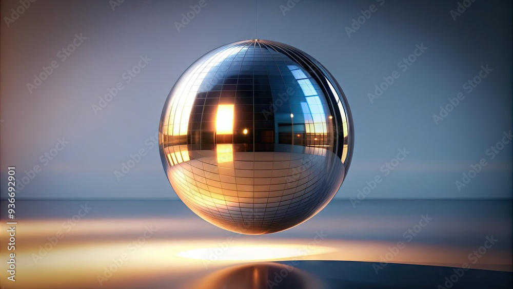 Shiny metallic 3D ball reflecting light, suspended in mid-air ...