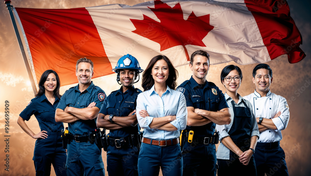 Emotional portrait of diverse professionals and Canadian flag waving in ...