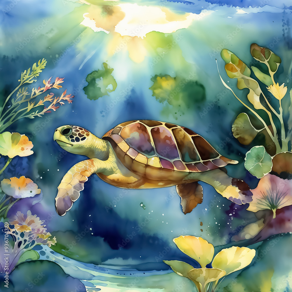 Sea turtle swimming underwater in a sunlit ocean. Watercolor style ...
