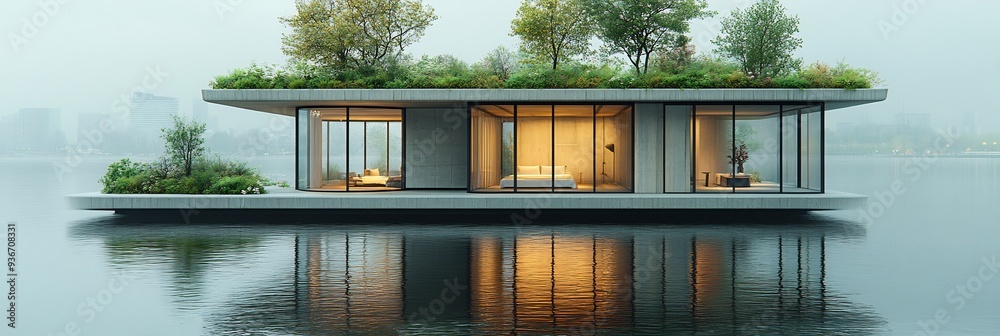 Innovation hub set on a floating island where creators gather to share ...