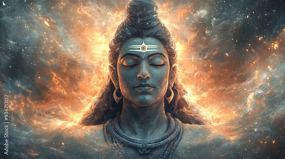 Transcendental Vision of Lord Shiva's Third Eye - Mystical Energy and Celestial Symbols in a ...