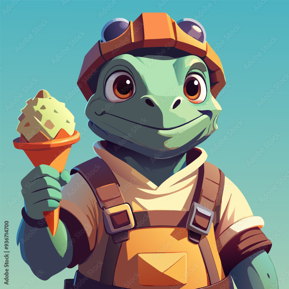 hyper realistic a turtles wearing a jumpsuit holding an ice cream cone ...