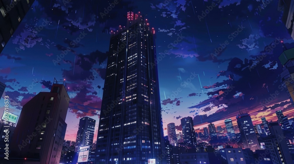 In the heart of a dynamic city, a tall anime skyscraper stands out ...