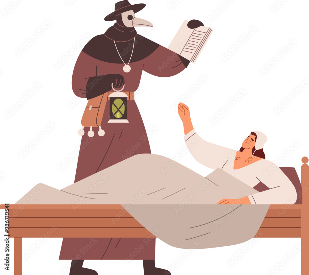 Medieval doctor in old plague costume healing ill woman. Sick dying ...