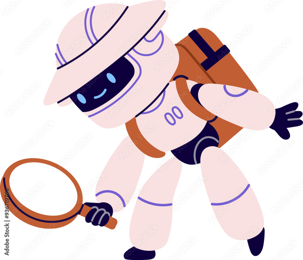 Cute robot searching with magnifying glass. Curious android character ...