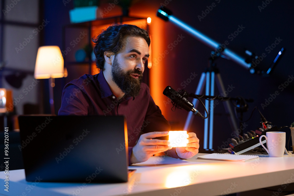 Tech guru filming technology review of mini led lights, unboxing and ...