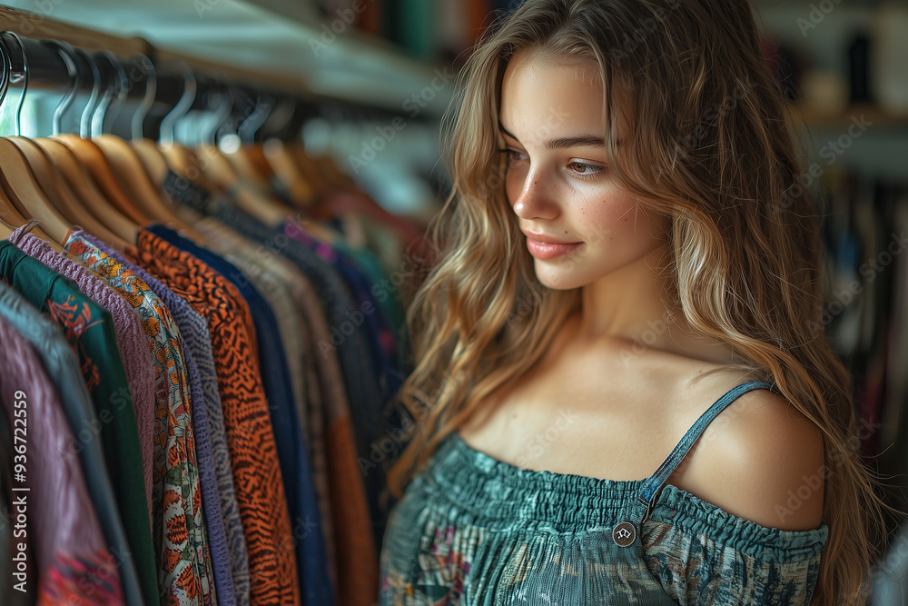 A young woman choosing sustainable fashion items from a bright ...
