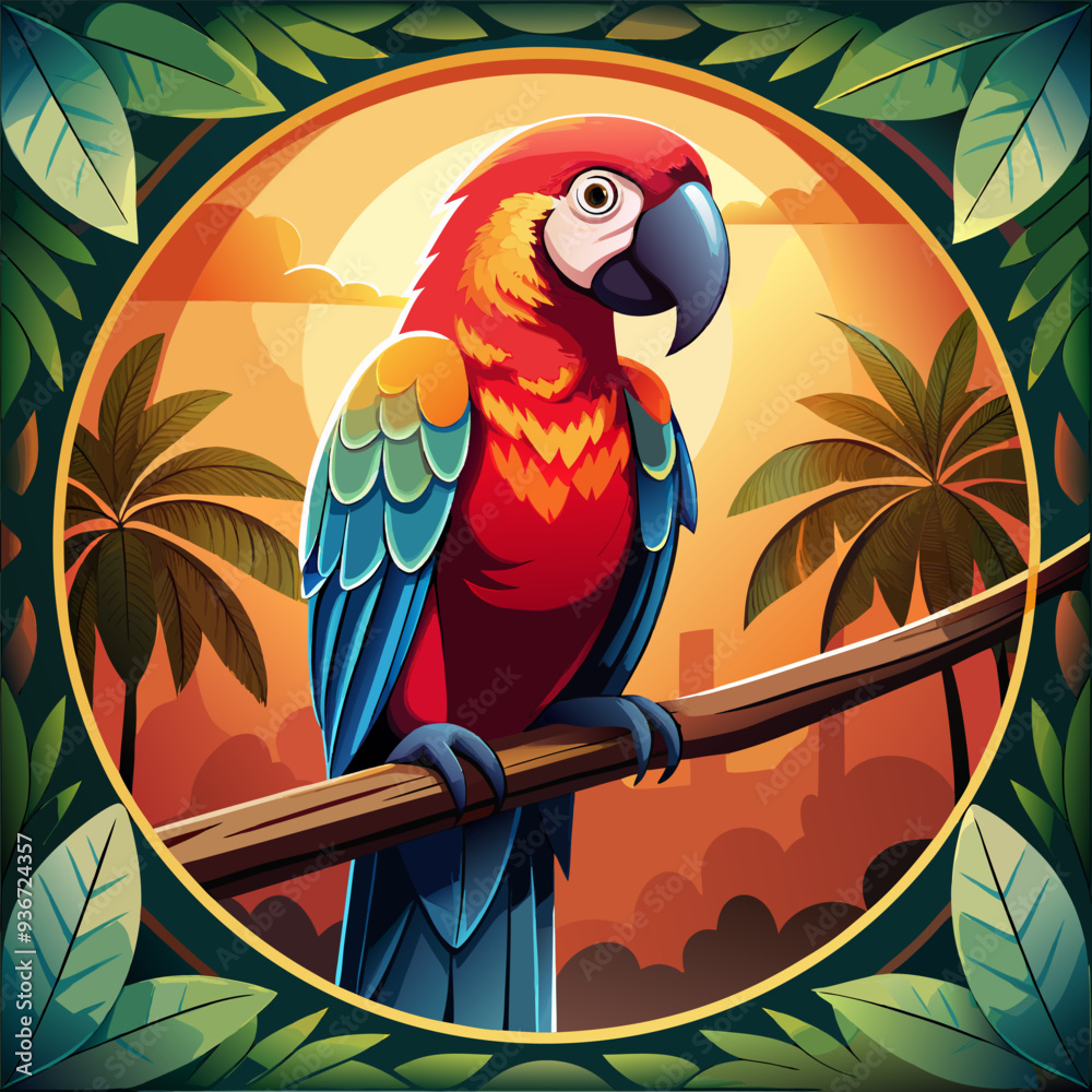 perico animado reponsando en una rama sin fondo con un circulo rodeando ...