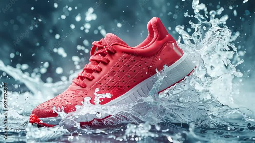 A vibrant red running shoe makes contact with water, creating a splash ...