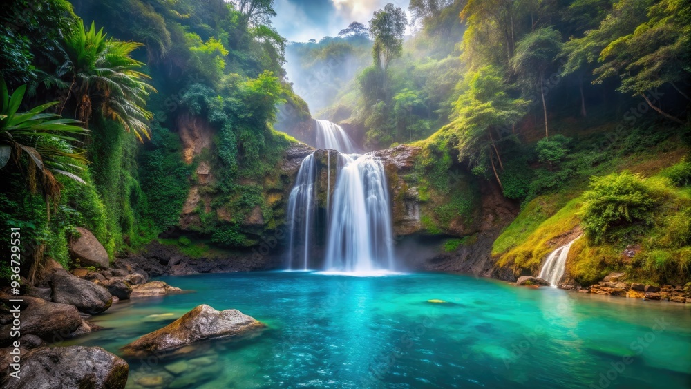 Spectral waterfall cascades down rugged rocky cliffside, misty veil ...