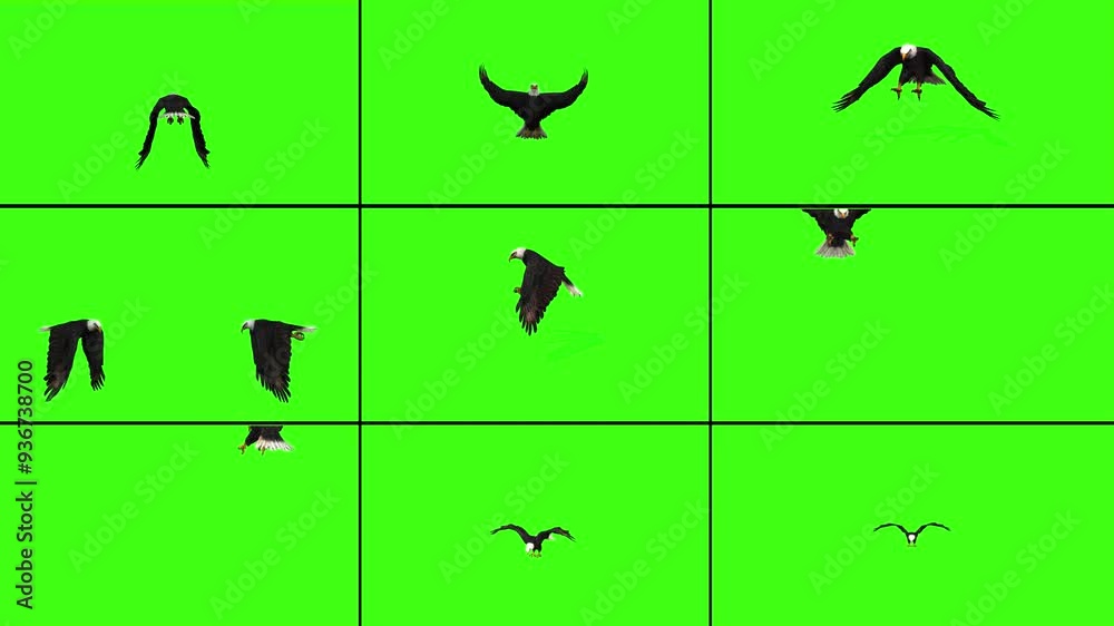 3D nine animation pack in one frame of an eagle flying on a green ...