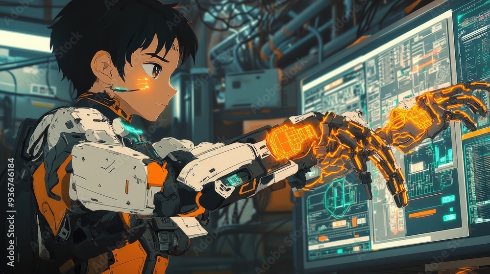 An anime engineer testing a prototype of an exoskeleton suit in a high ...